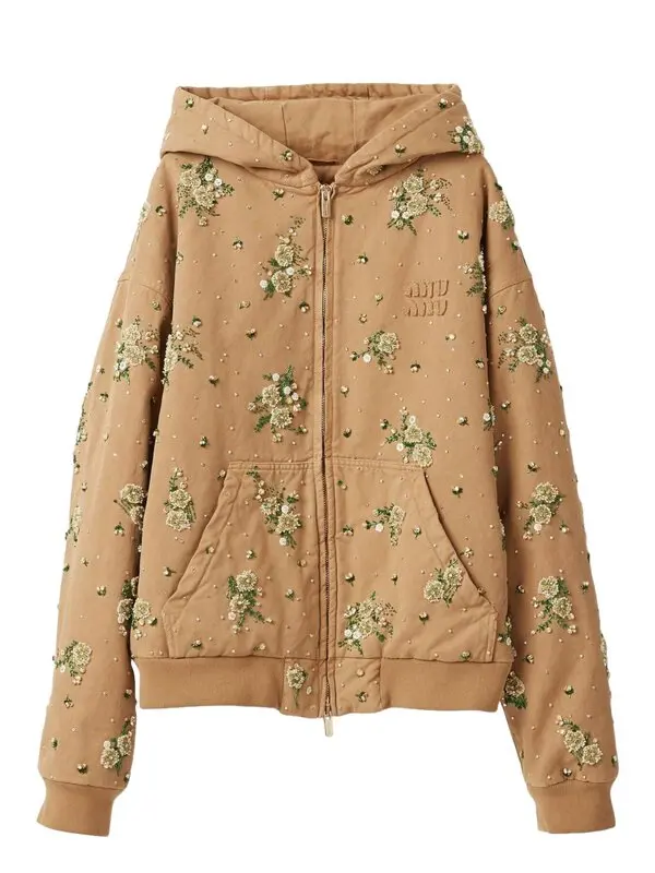 Miu Miu Floral-embroidered Hooded Jacket - Neutrals