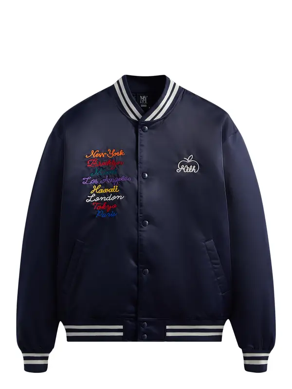 Kith New York To The World Satin Bomber Jacket - Blue
