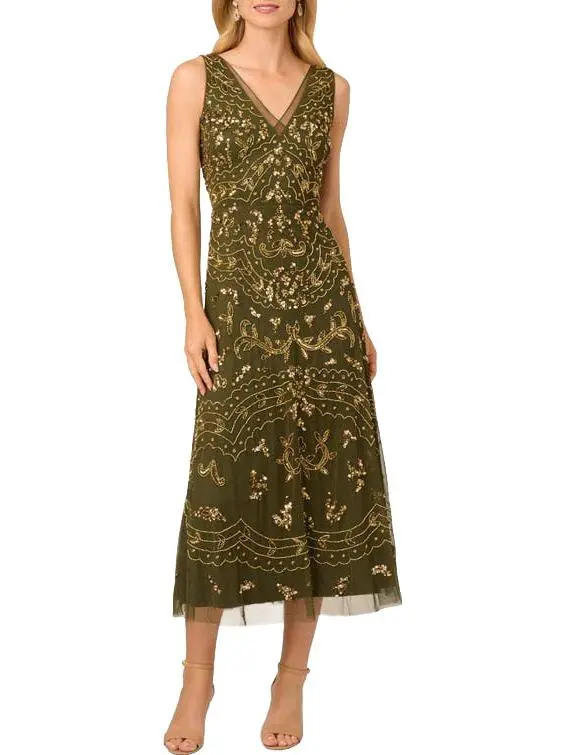 Adrianna Papell Beaded Sequin Cocktail Dress - Olive