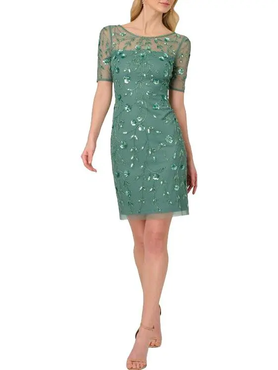 Adrianna Papell Floral Beaded Cocktail Sheath Dress - Green Slate