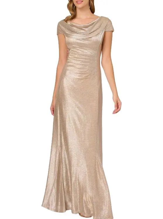 Adrianna Papell Metallic Drape Neck Gown - Alabaster