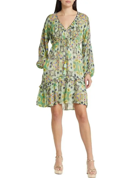 CIEBON Crissta Metallic Floral Long Sleeve Dress - Green