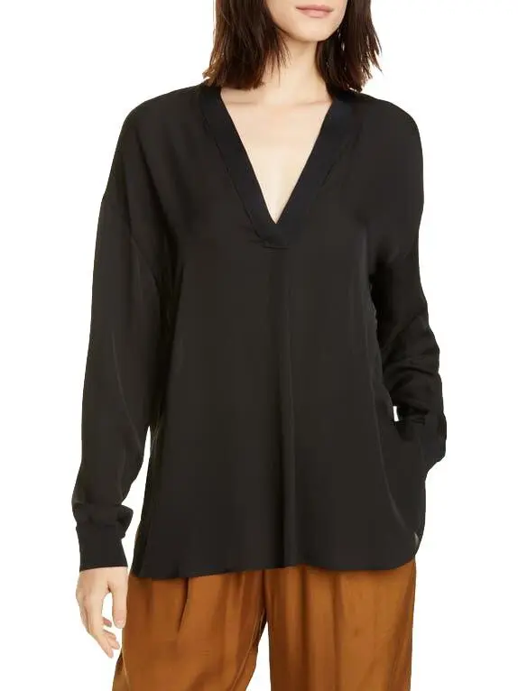 Vince Rib Trim Silk Blouse - Black