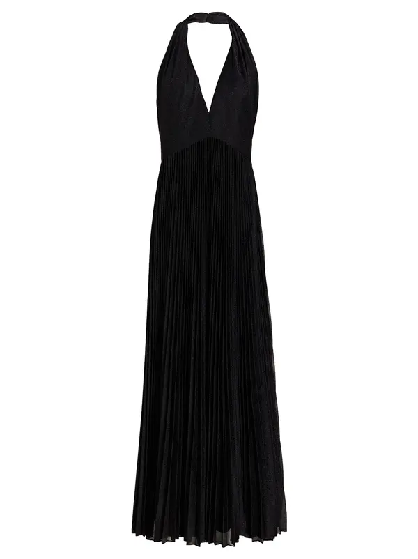Halston Metallic Plissé-woven Gown - Black