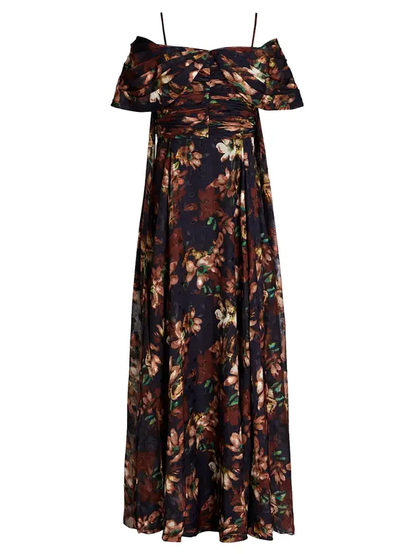 MIKAEL AGHAL Cold-shoulder Floral-print Fil Coupé Maxi Dress - Navy