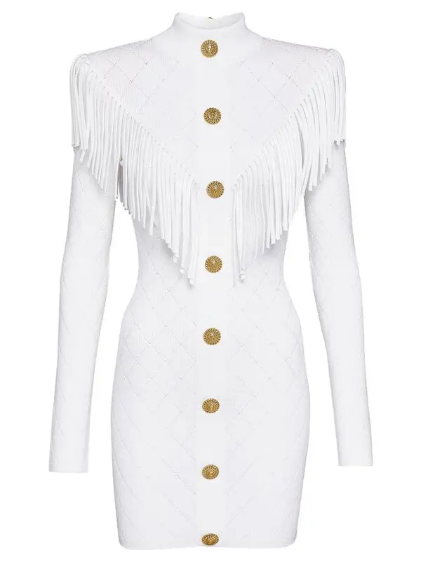 Balmain Fringed Knit Minidress - White