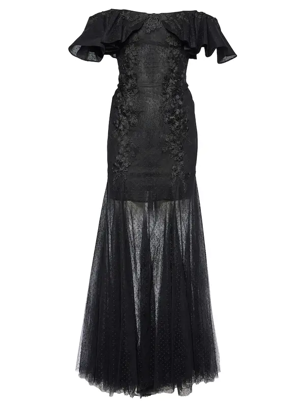 Costarellos Ruffled Lace And Tulle Gown - Black