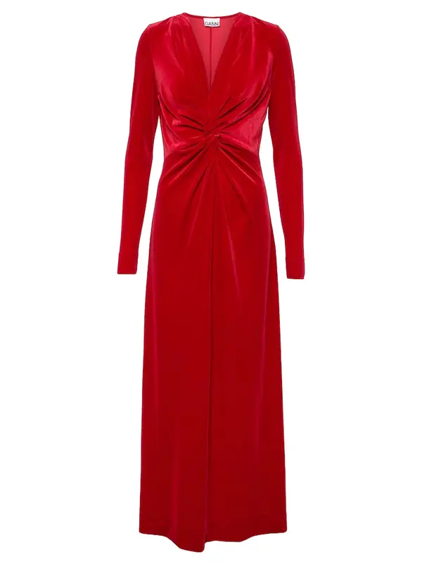 GANNI Velvet Midi Dress - Red