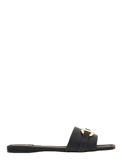 FERRAGAMO Flat Slide With Gancini Ornament - Black