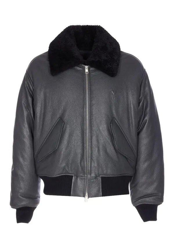 Ami Leather Bomber Jacket - Grey