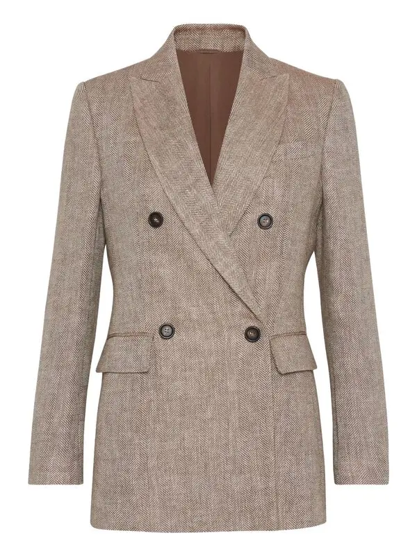 Brunello Cucinelli Double-breasted Herringbone Linen Blazer - Brown