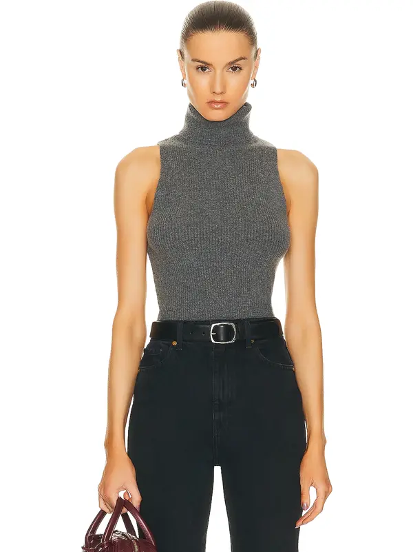 Enza Costa Rib Sleeveless Turtleneck Sweater - Heather Grey