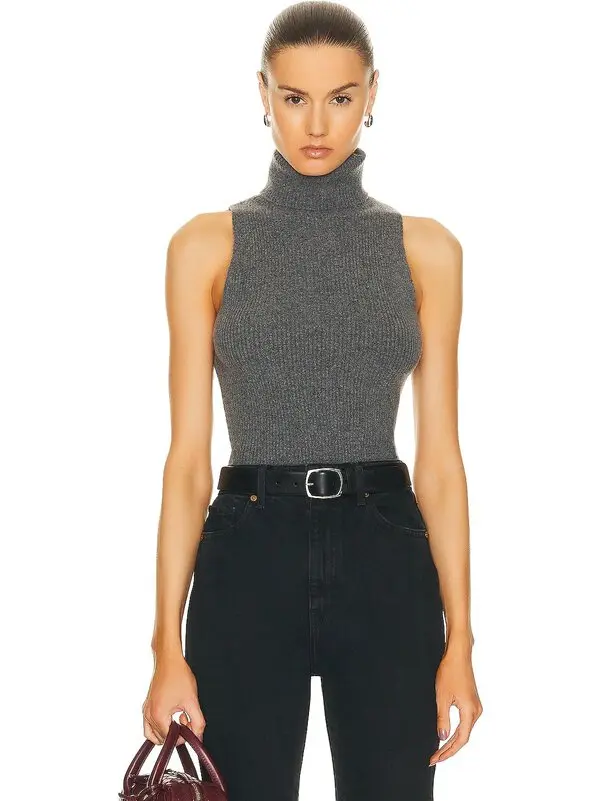 Enza Costa Rib Sleeveless Turtleneck Sweater - Heather Grey