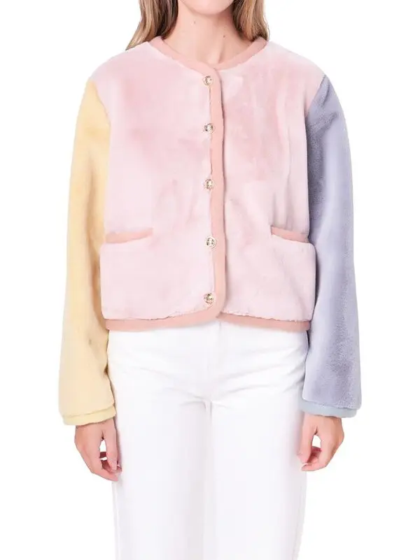 English Factory Colorblock Faux Fur Jacket - Pink Multi