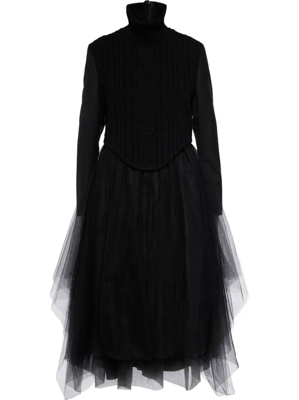 Noir Kei Ninomiya Wool-blend And Tulle Midi Dress - Black