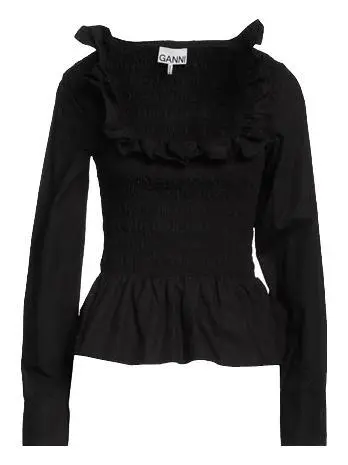 GANNI Ruched Organic Cotton Long Sleeve Top With Ruffles - Black