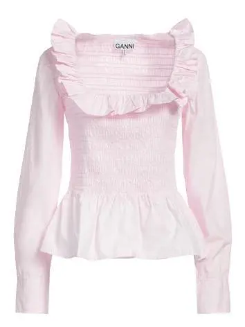 GANNI Ruched Organic Cotton Long Sleeve Top With Ruffles - Pink