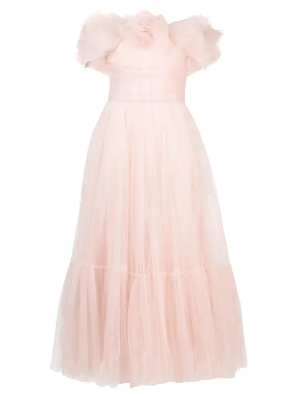 ANA RADU Floral-appliqué Tulle Midi Dress - Pink