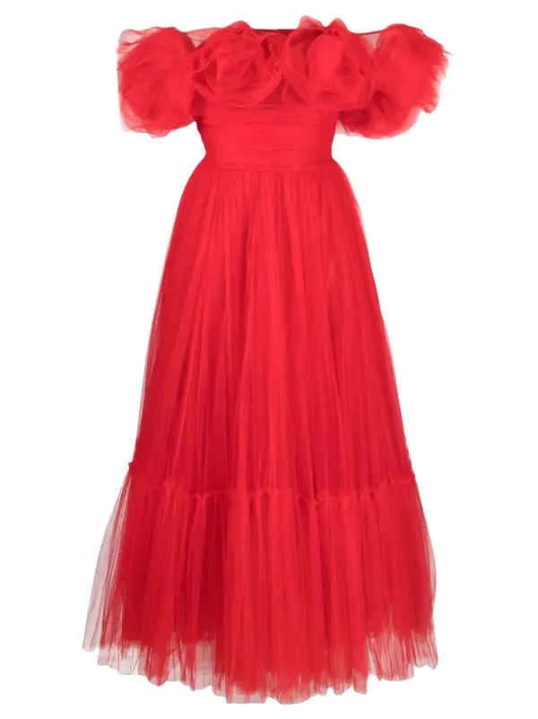 ANA RADU Floral-appliqué Tulle Midi Dress - Red