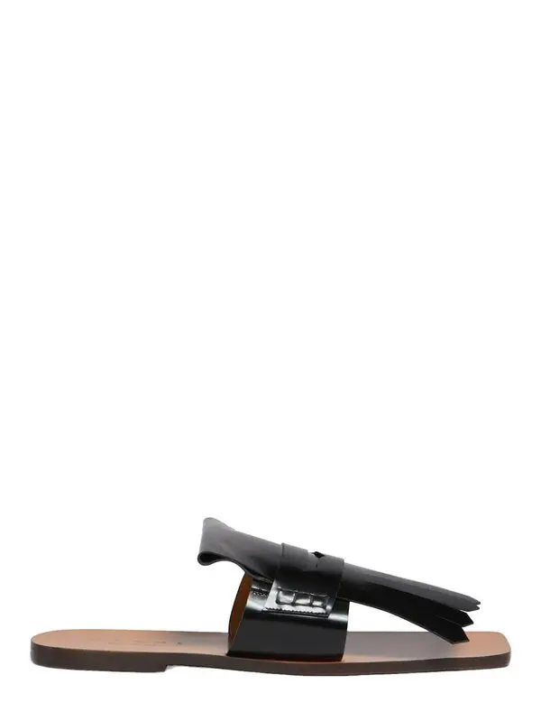 Marni Fringed Leather Flat Sandals - Black