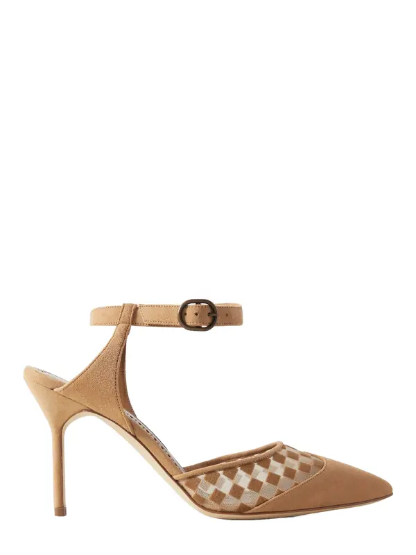 Manolo Blahnik Mingonna 90 Suede And Flocked Mesh Pumps - Neutrals