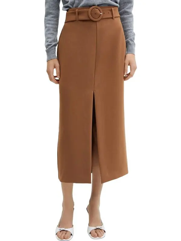 Mango Belted Front Slit Midi Skirt - Medium Brown