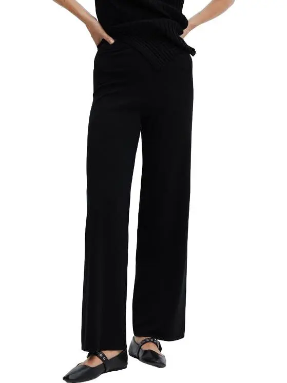 Mango High-waist Wide-leg Knit Pants - Black