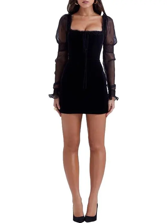 House Of Cb Syana Sheer Juliet Sleeve Minidress - Black