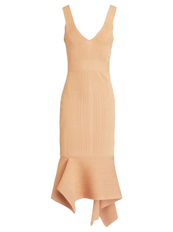 Herve Leger Asymmetric Ribbed-knit Midi Dress - Sand