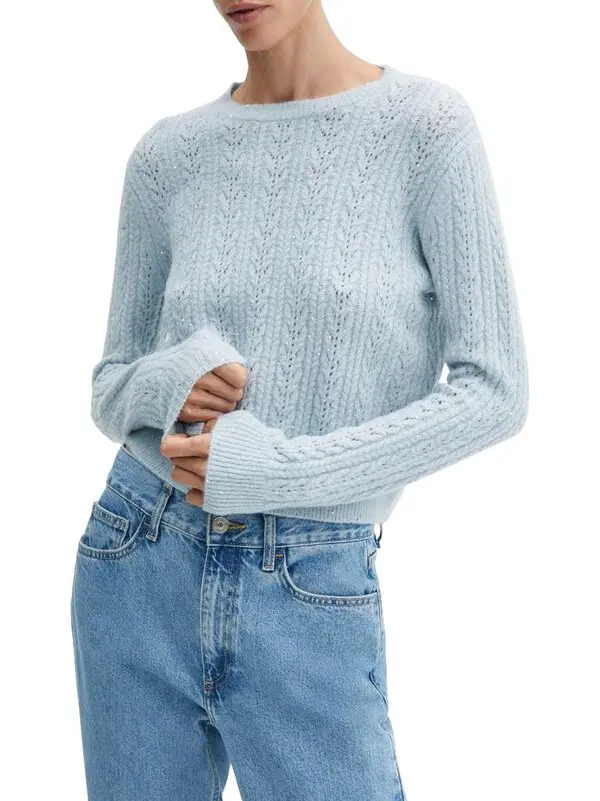 Mango Sequin Cable Knit Sweater - Sky Blue