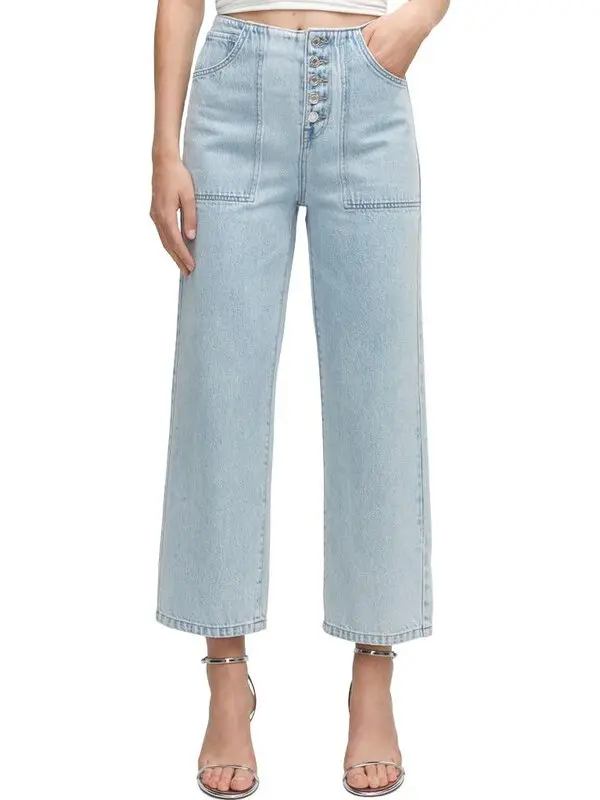Mango High Waist Cropped Straight Leg Jeans - Light Blue