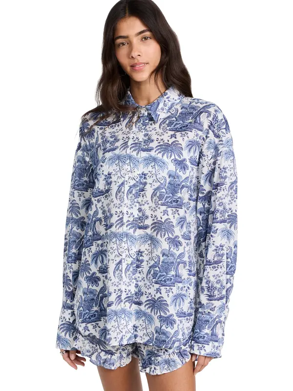 Staud Colton Toile Print Shirt - Blue Toile