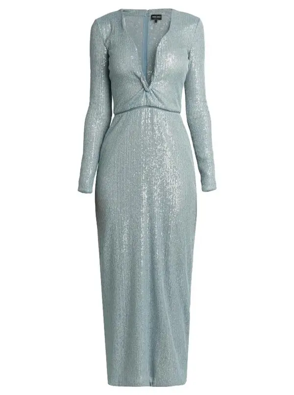Giorgio Armani Sequined Long-sleeve Midi Dress - Silver Cloud