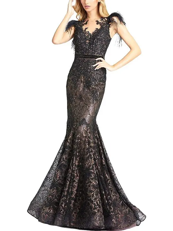 Mac Duggal Embellished Feather Cap Sleeve Trumpet Gown - Black