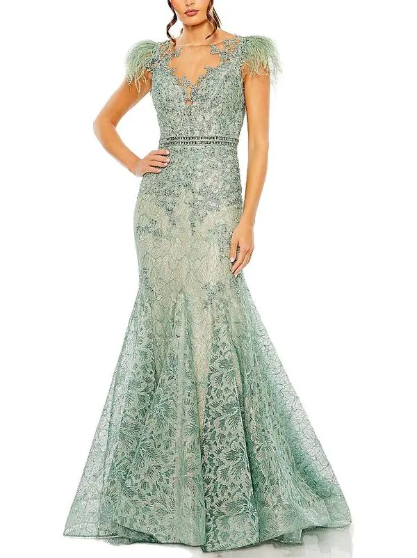 Mac Duggal Embellished Feather Cap Sleeve Trumpet Gown - Sage