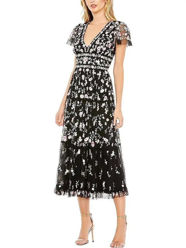 Mac Duggal V-neck A-line Midi Dress - Black Multi