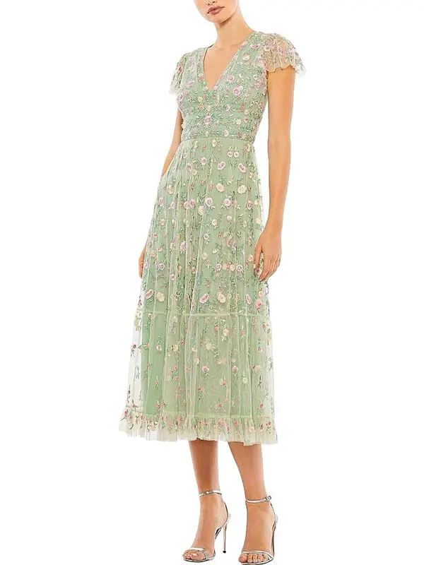 Mac Duggal V-neck A-line Midi Dress - Sage
