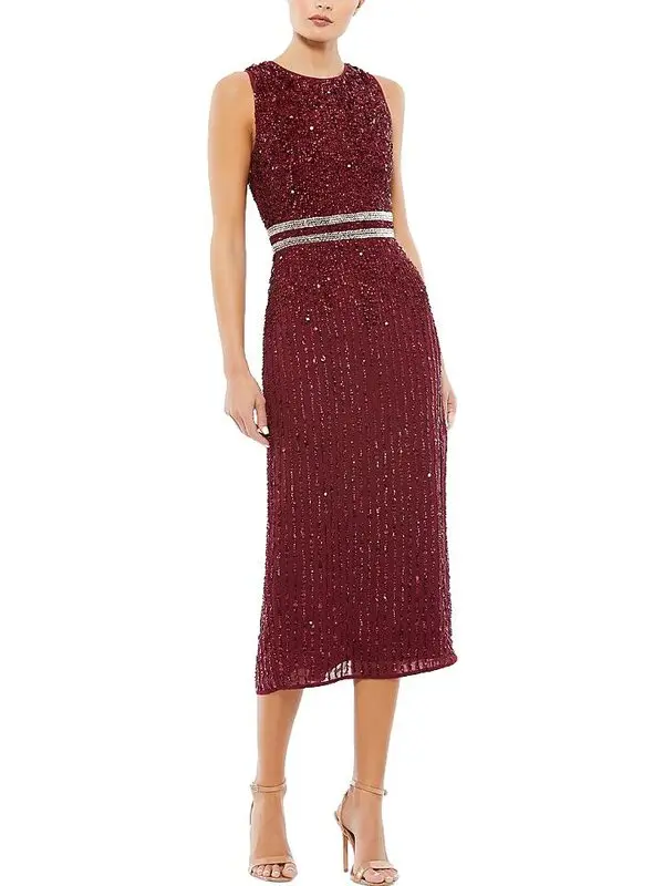 Mac Duggal Sleeveless High Neck Beaded Midi Sheath Dress - Burgundy