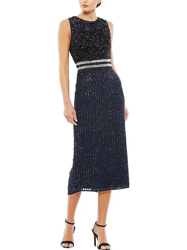 Mac Duggal Sleeveless High Neck Beaded Midi Sheath Dress - Navy