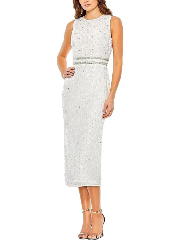 Mac Duggal Sleeveless High Neck Beaded Midi Sheath Dress - White
