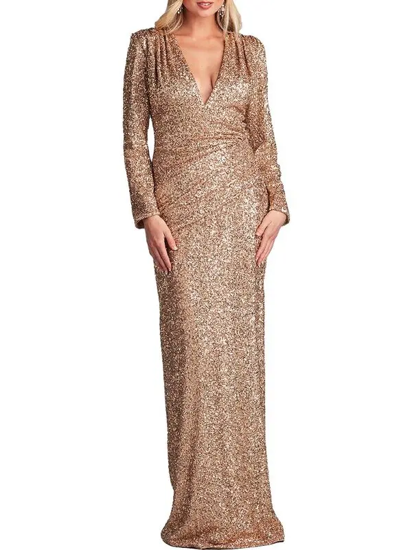 Tadashi Shoji Sequin Ruched Long Sleeve Gown - Copper