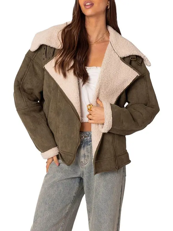 EDIKTED Oversized Faux Shearling And Faux Suede Jacket - Olive