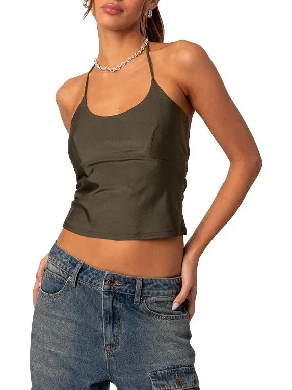 EDIKTED Sara Crop Halter Top - Olive
