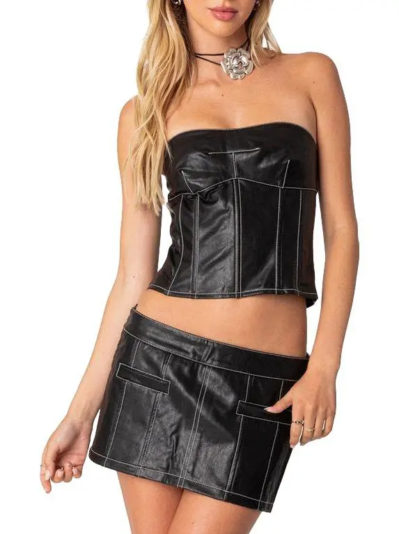 EDIKTED Faux Leather Lace-up Corset Top - Black