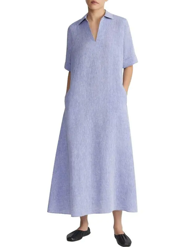 Lafayette 148 New York Linen Popover Midi Dress - Lapis Blue Melange