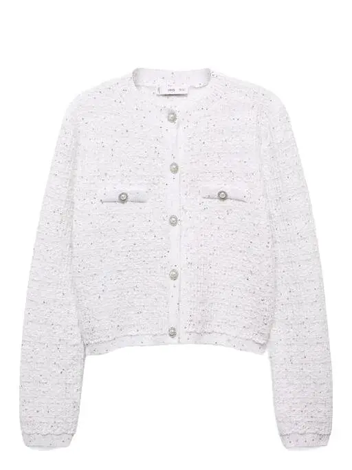Mango Imitation Pearl And Crystal Button Sequin Tweed Cardigan - Ecru
