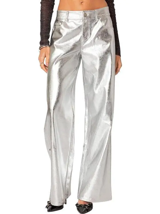EDIKTED Metallic Faux Leather Wide Leg Pants - Silver
