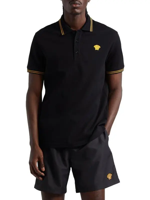 Versace Tipped Embroidered Medusa Cotton Piqué Polo - 1b000-black