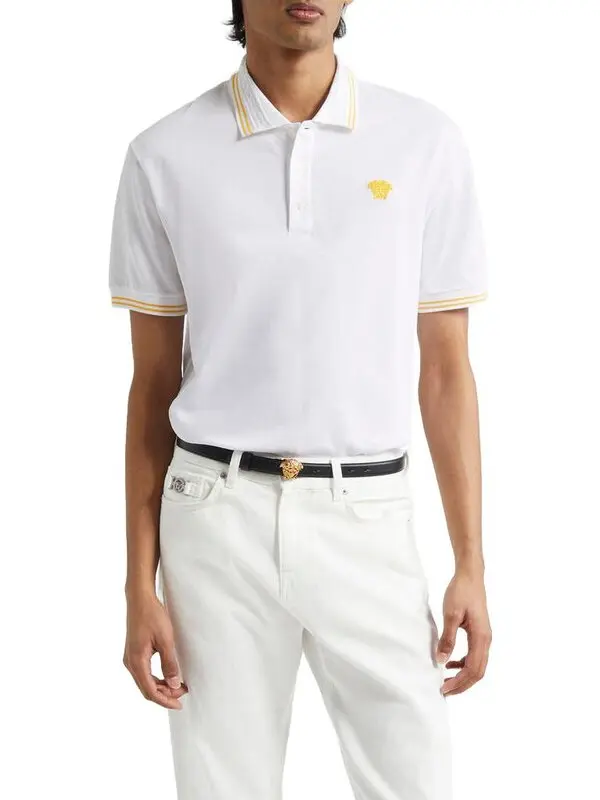 Versace Tipped Embroidered Medusa Cotton Piqué Polo - Optical White