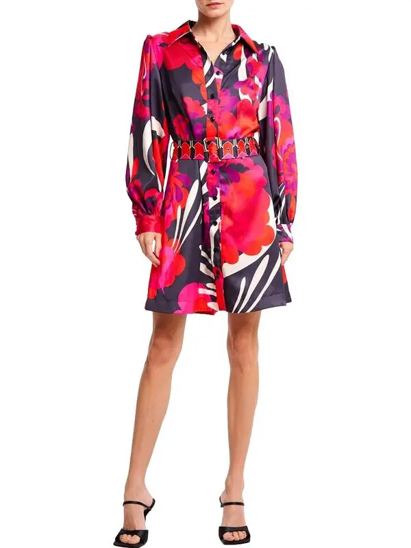 CIEBON Floral Print Shirtdress With Belt - Red Multi